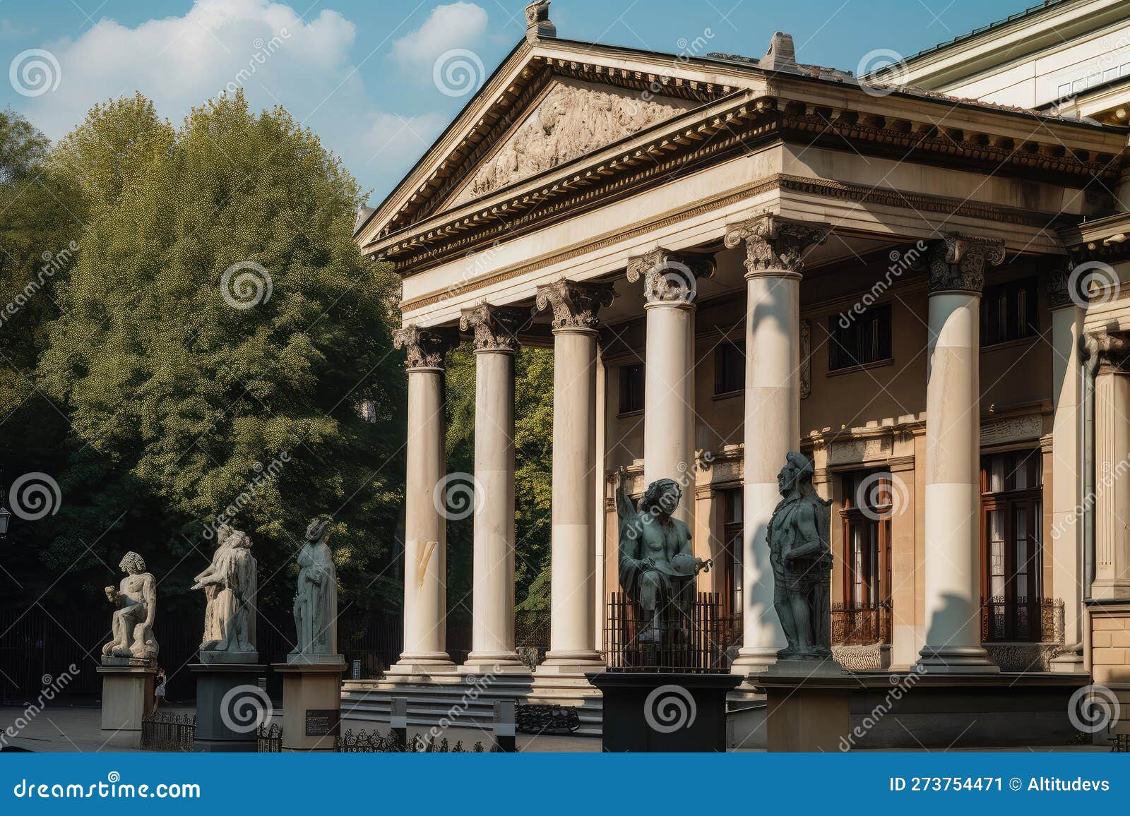 Classicist Building With Columns And Sculptures, Viewed From A Distance ...