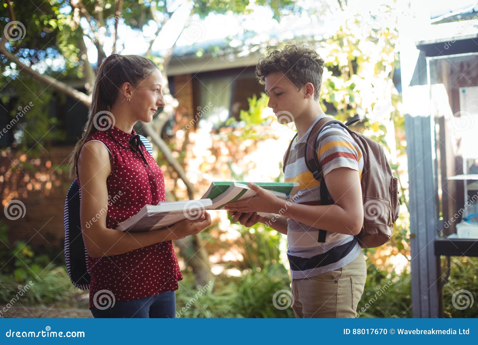 Classmates Holding Books and Interacting with Each Other Stock Photo ...