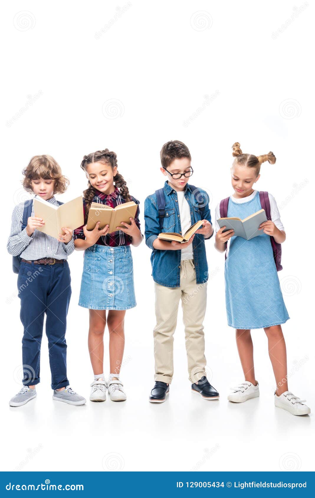 Classmates Standing and Reading Books Stock Photo - Image of denimskirt ...