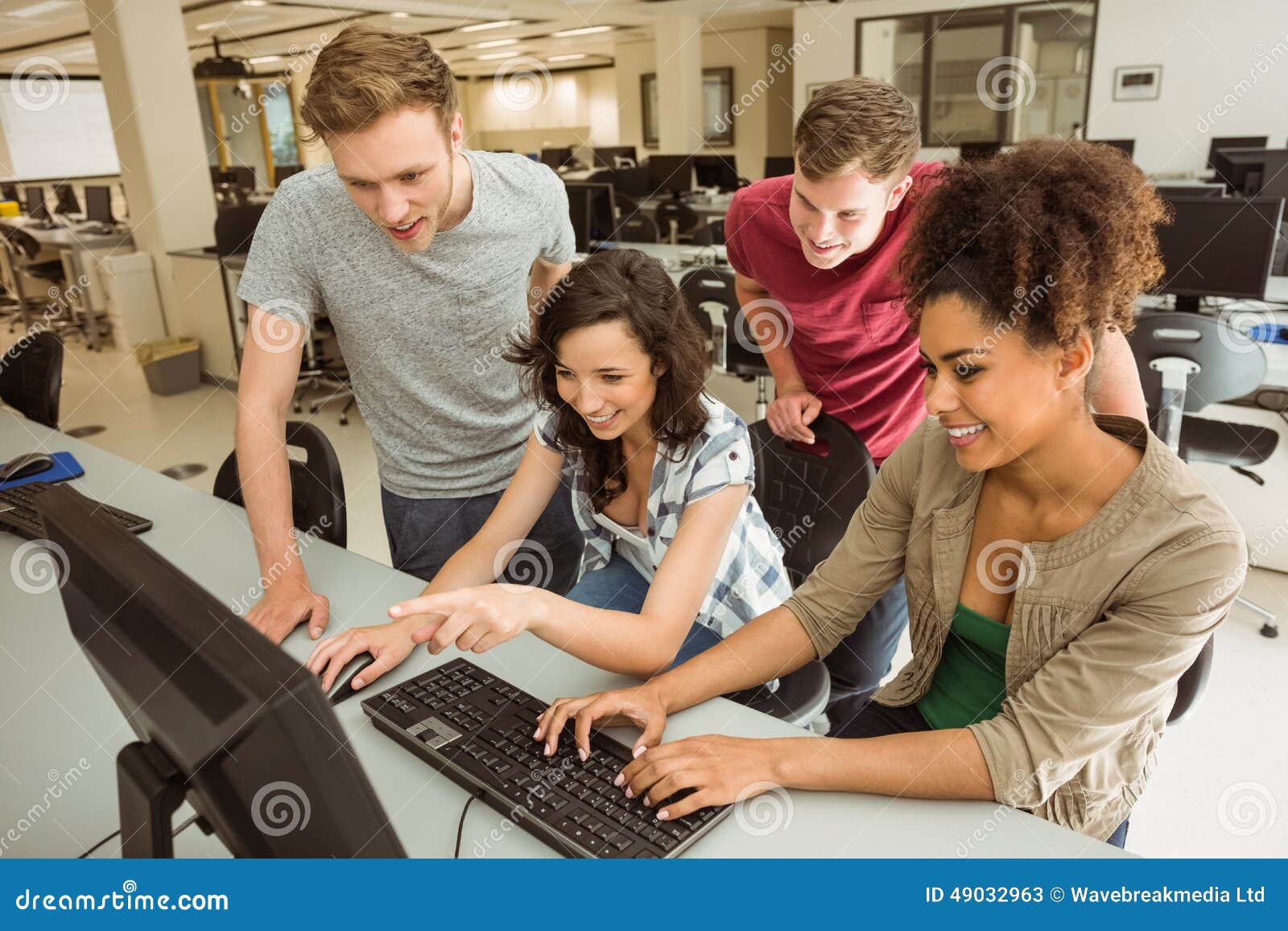 Classmates Working Together in the Computer Room Stock Image - Image of ...