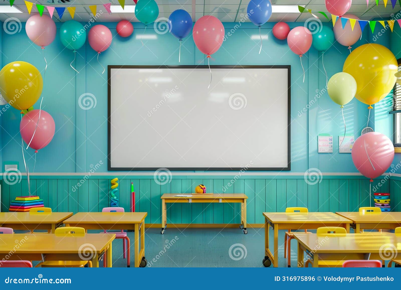 A Classroom with Balloons and a White Board Stock Photo - Image of ...