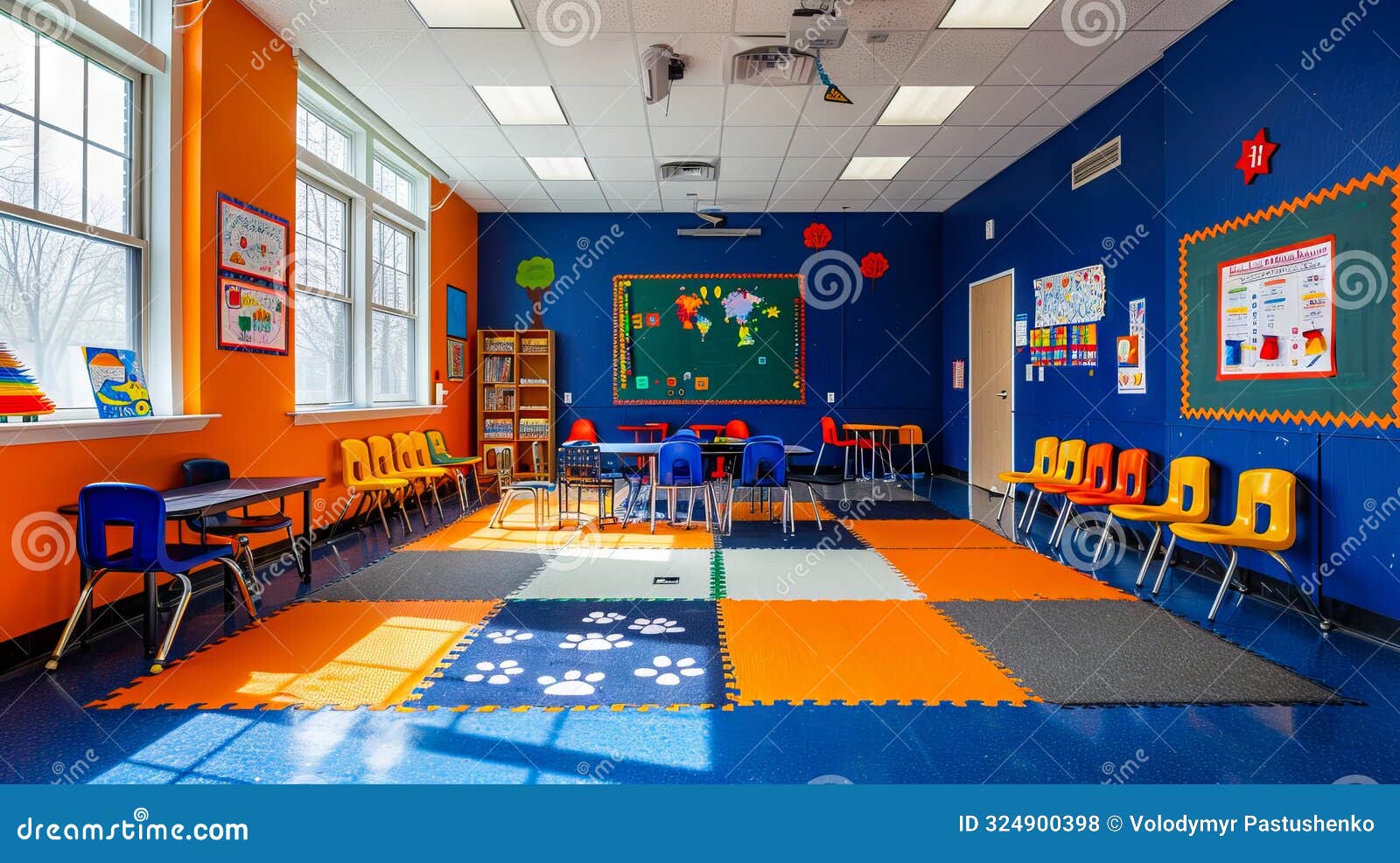 A Classroom with Blue Walls and Orange Floors Stock Photo - Image of ...
