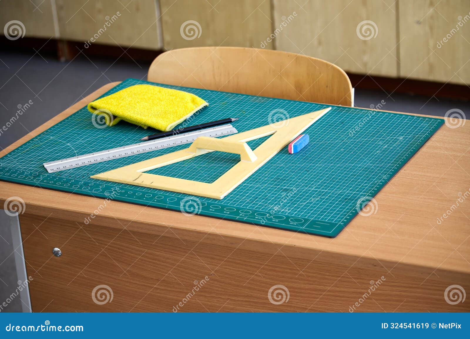 Classroom Desk Equipped with Mathematical Instruments, Ruler, Eraser ...
