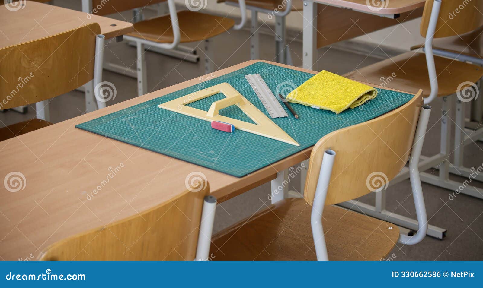 Classroom Desk Equipped with Mathematical Instruments, Ruler, Eraser ...