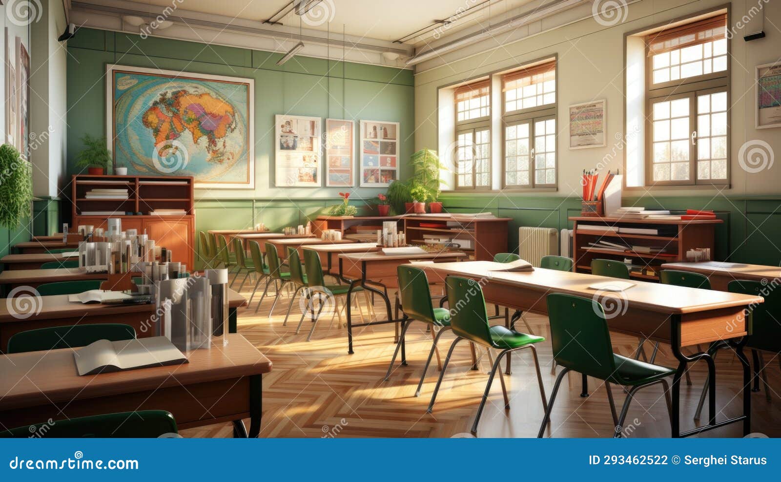 A Classroom with Desks, Chairs, and a Map on the Wall. AI. Stock Photo ...