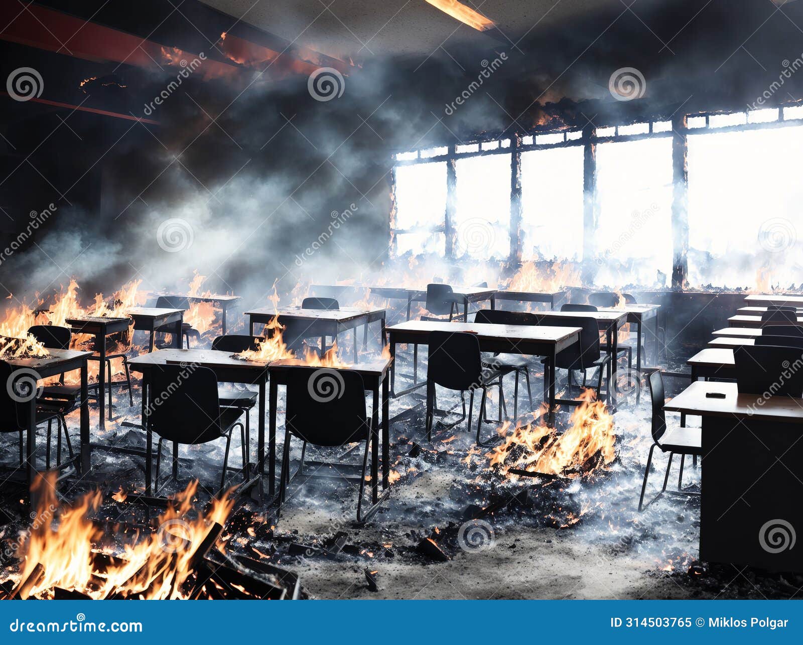 A Classroom with Desks and Chairs in the Middle of the Room, Surrounded by Flames. Stock Image ...