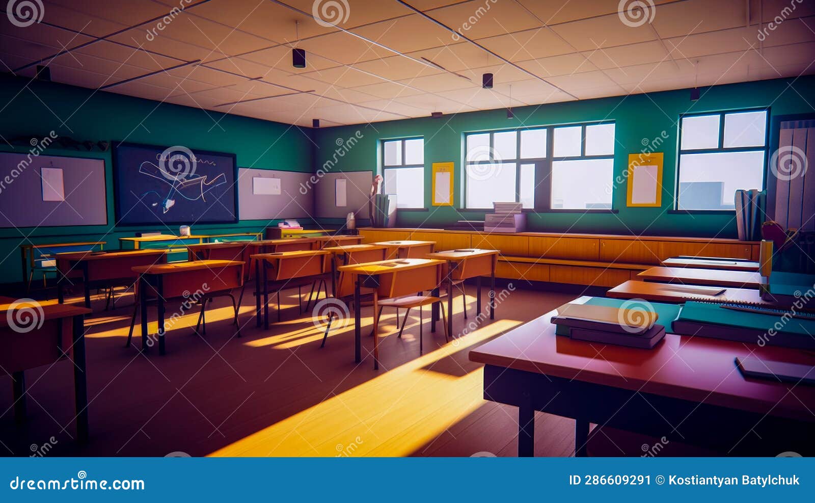 Classroom with Desks and Chalkboard in the Back of the Room Stock ...