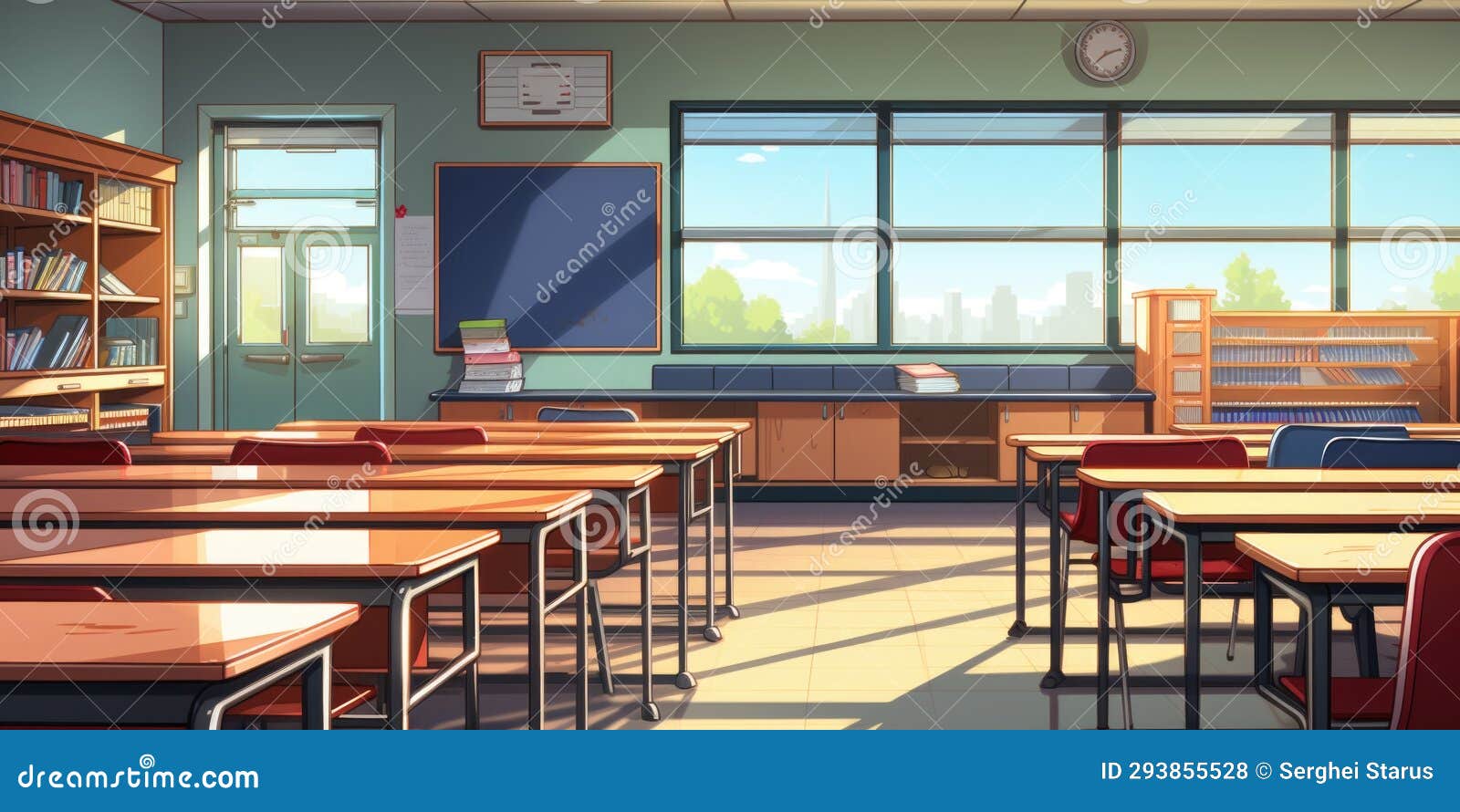 A Classroom with Desks and a Clock on the Wall, AI Stock Illustration ...
