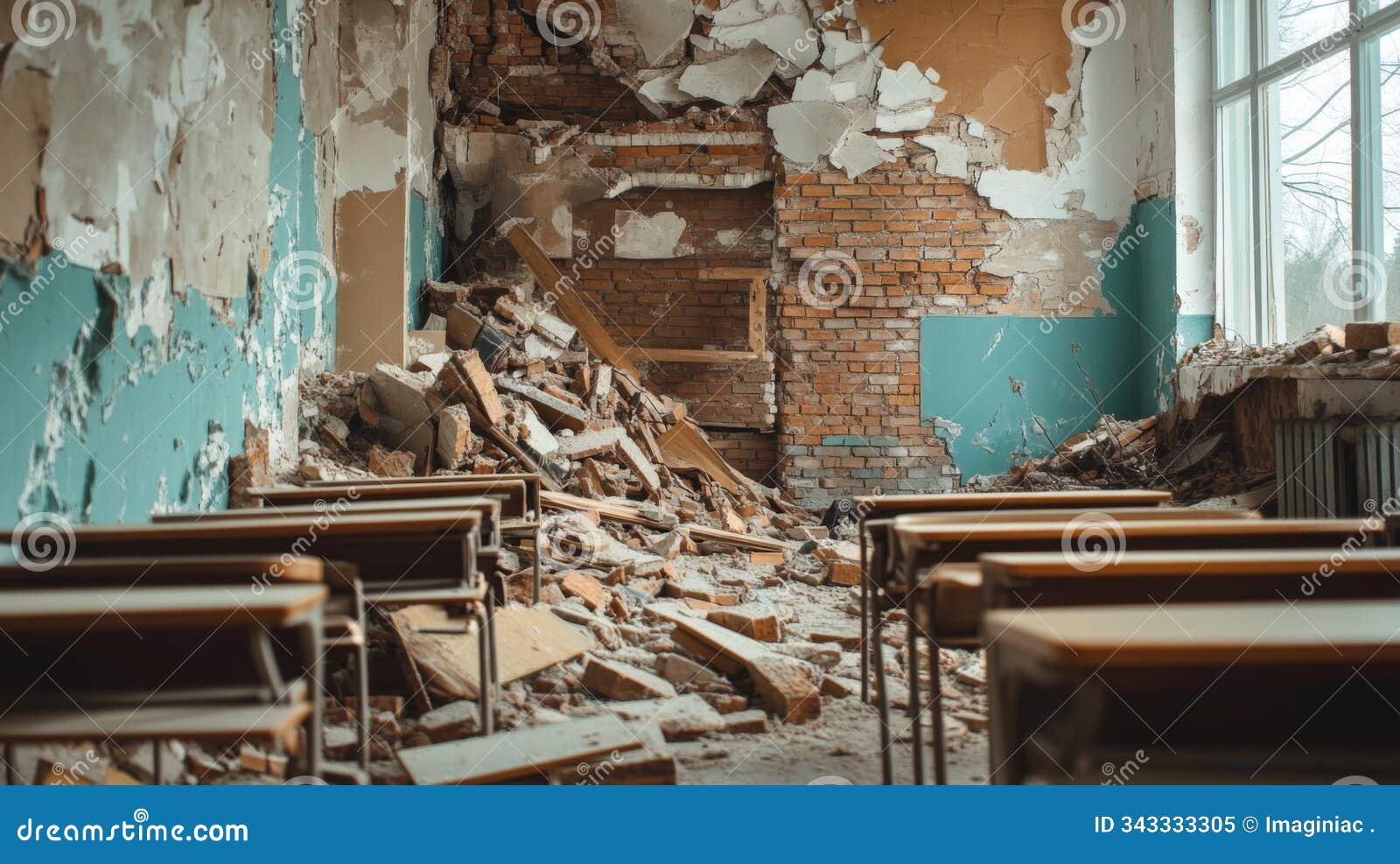 A Classroom Destroyed by Debris and Crumbling Walls Stock Illustration ...