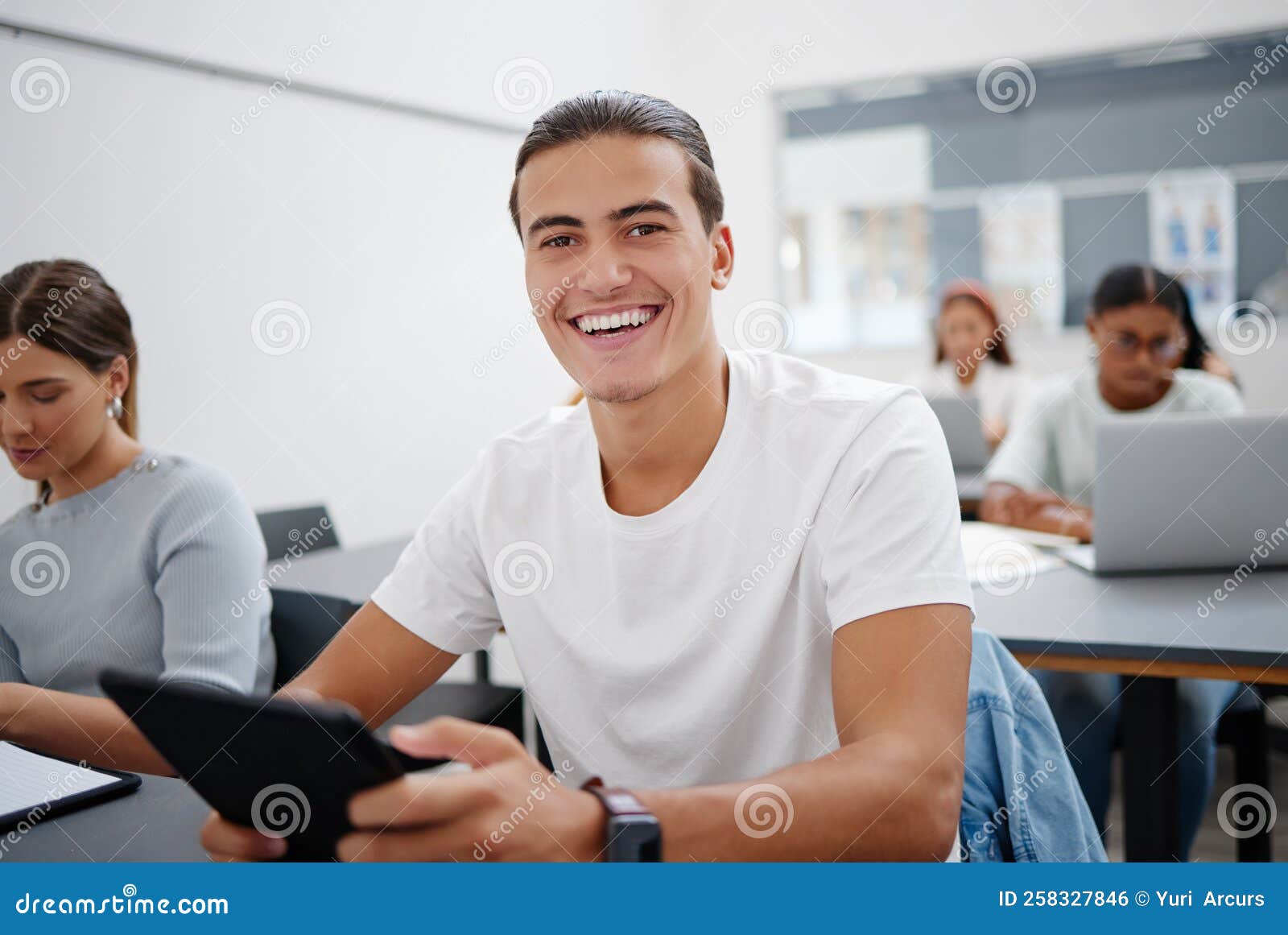 Classroom, Digital Tablet and Student Portrait for University Learning ...