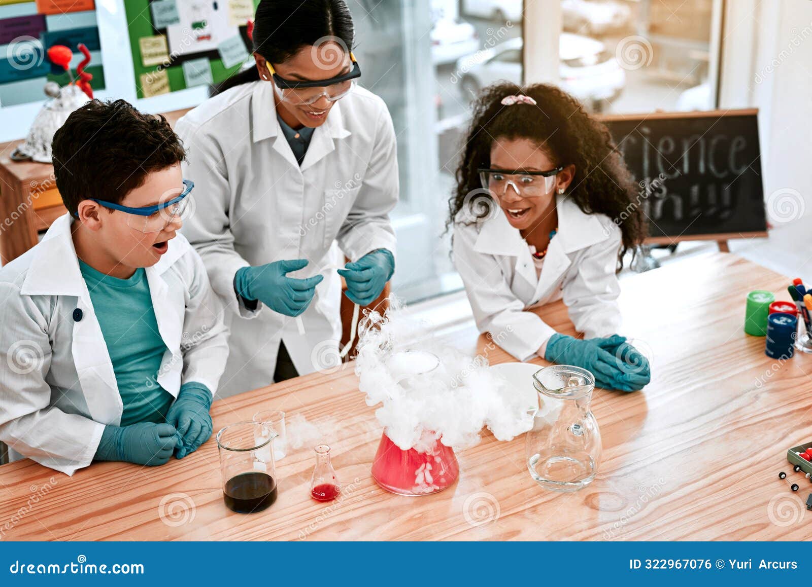 Classroom, Education or Study with Scientist and Students at Table in ...