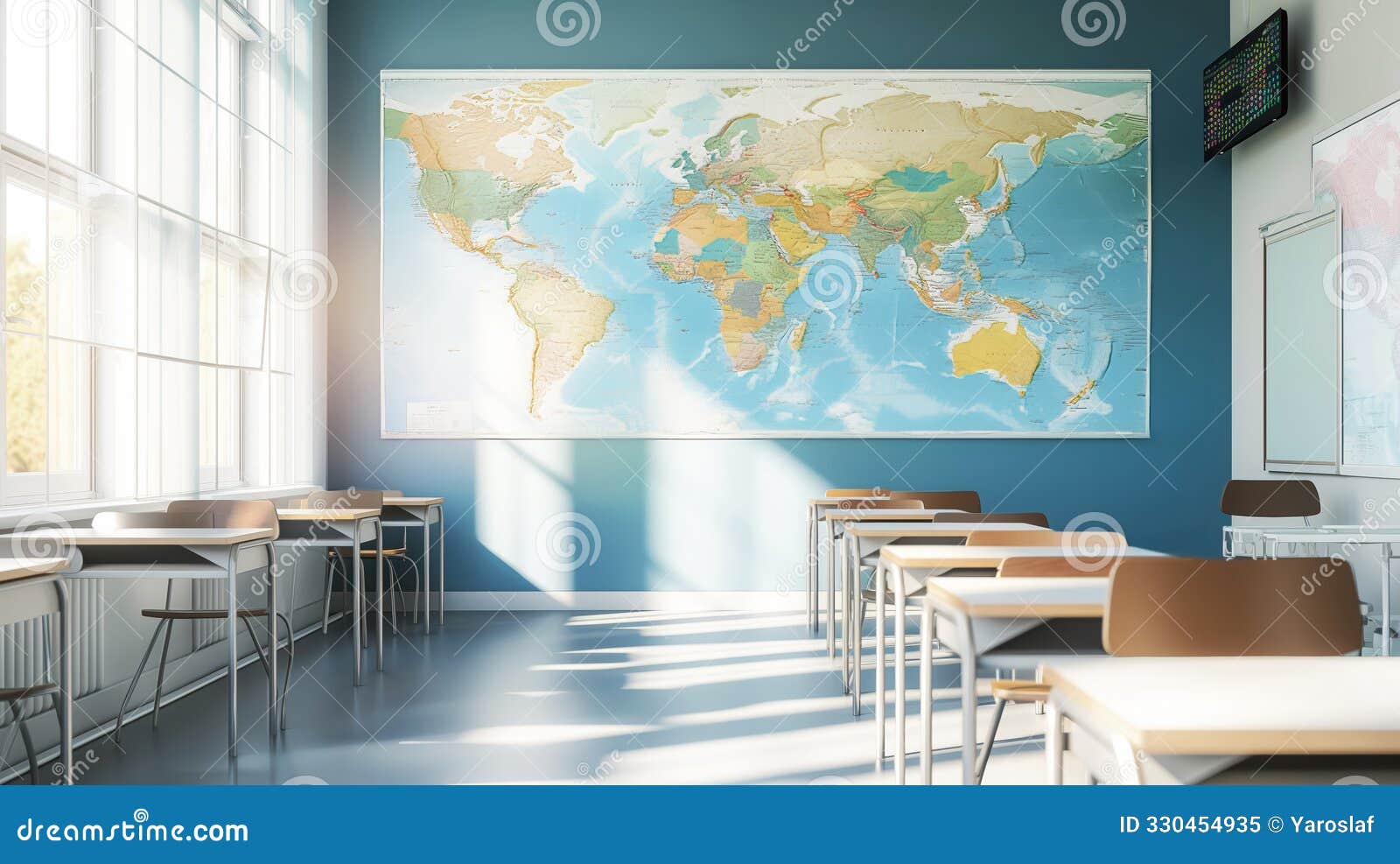 Classroom with Empty Desks, Large World Map on Blue Wall, Bright ...