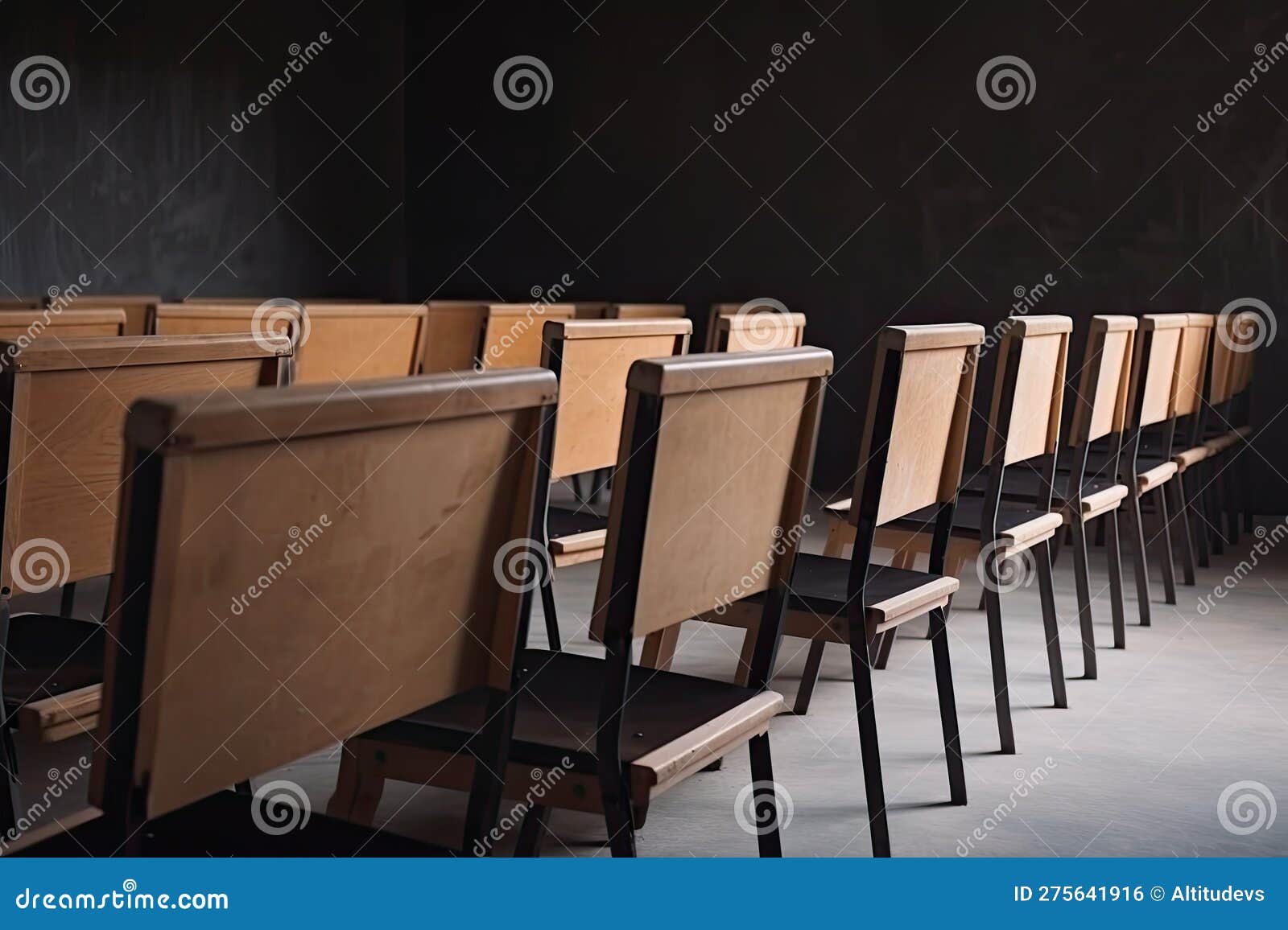A Classroom of Empty Wooden Row Lecture Chairs and Blackboard for ...