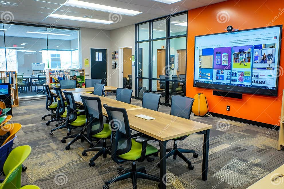 A Classroom Featuring a Large Screen for Presentations and Rows of ...