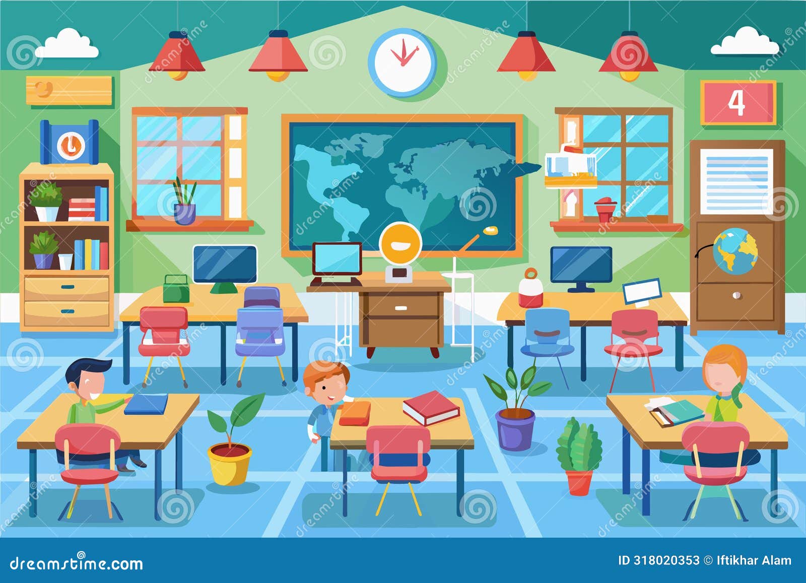 A Classroom Filled with Desks and Chairs, Featuring a Large Map Hanging ...