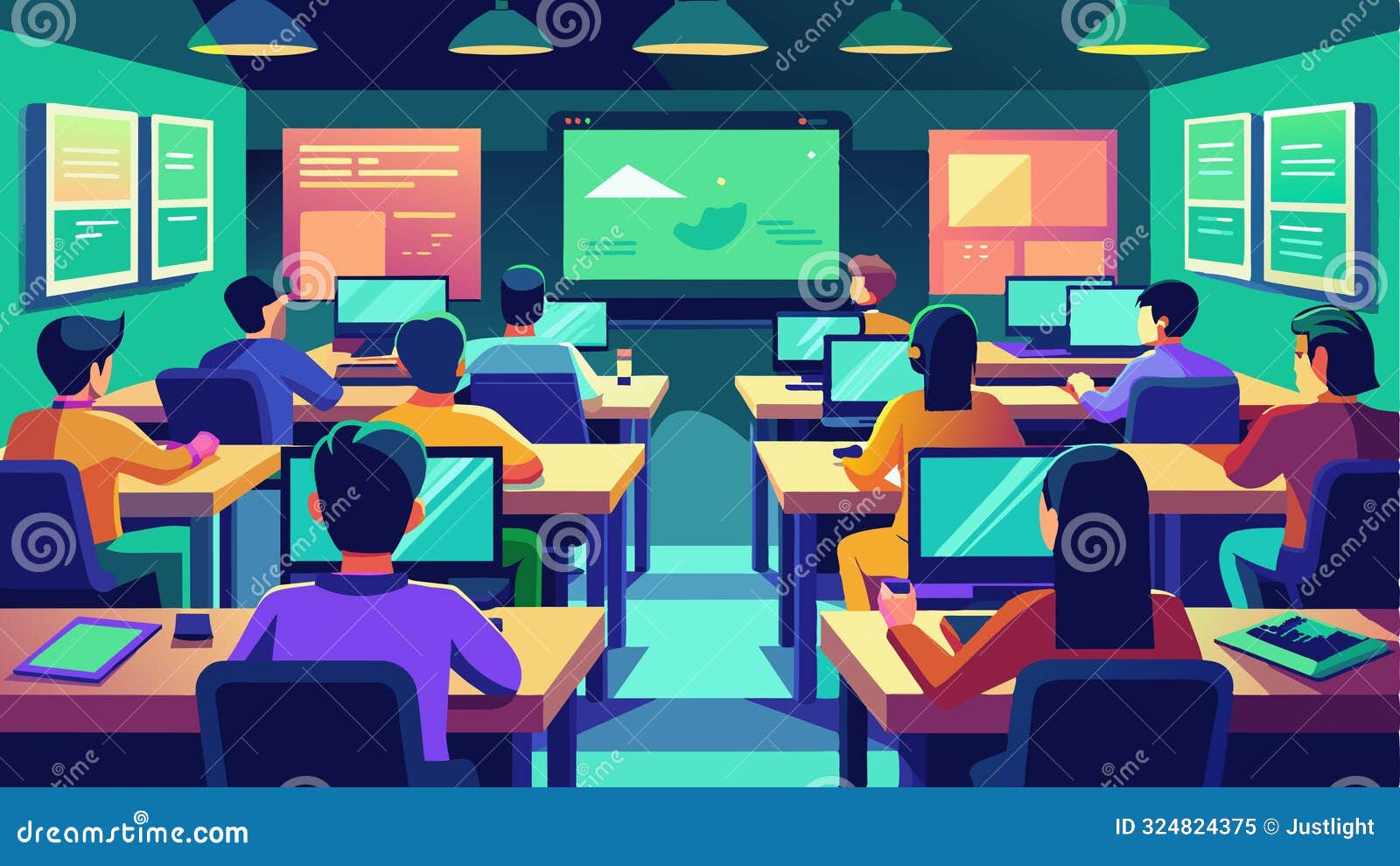 A Classroom Filled with the Soft Glow of Computer Screens As Students ...