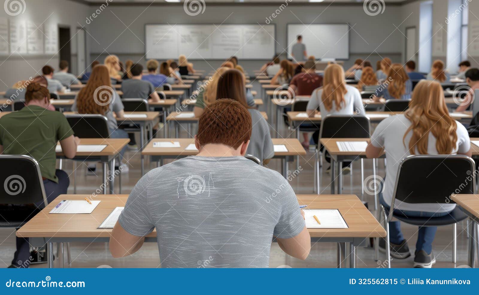A Classroom Filled with Students Taking a Test, a Teacher Watches from ...