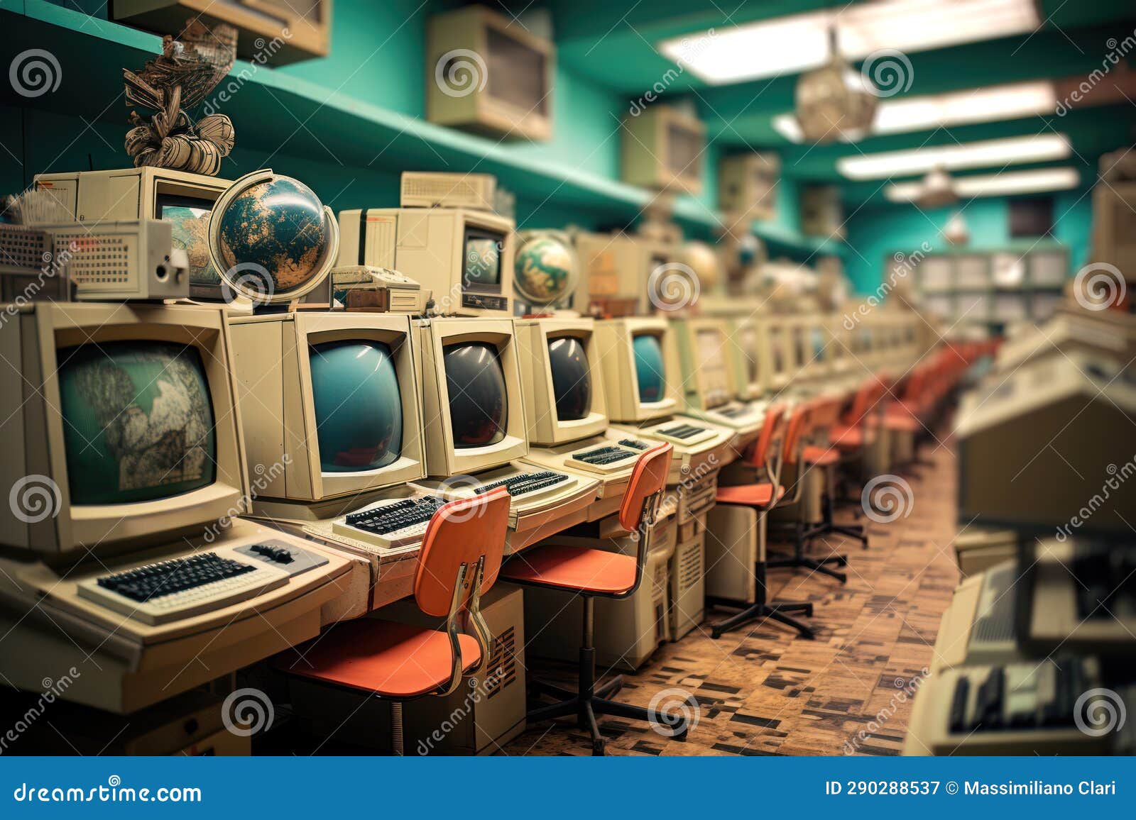 A Classroom Filled with Vintage 80s Computers Stock Illustration ...