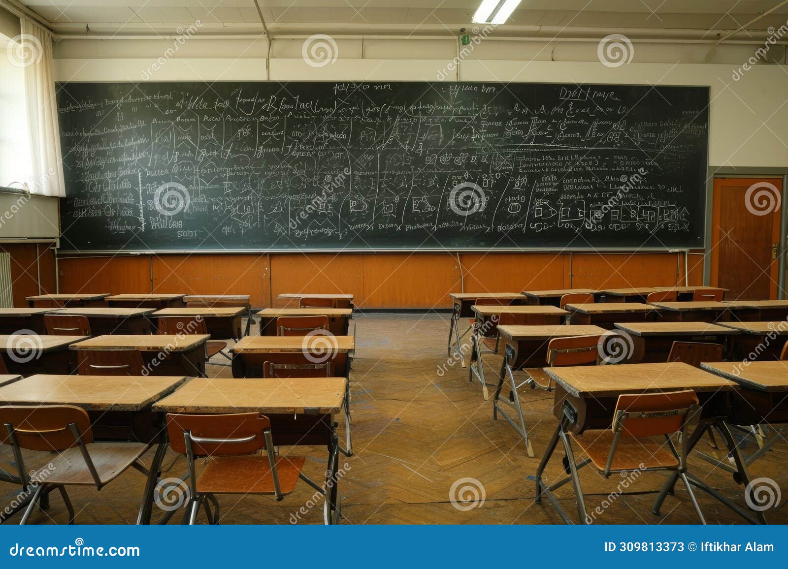 A Classroom Filled with Wooden Desks and a Chalkboard at the Front ...