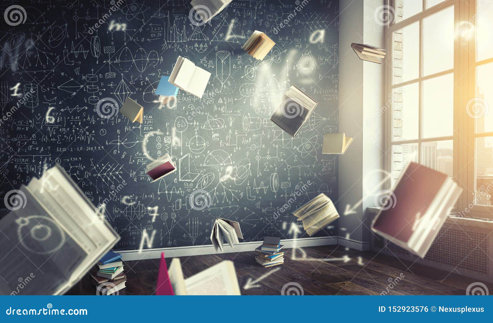 Classroom with Flying Objects Stock Illustration - Illustration of book ...