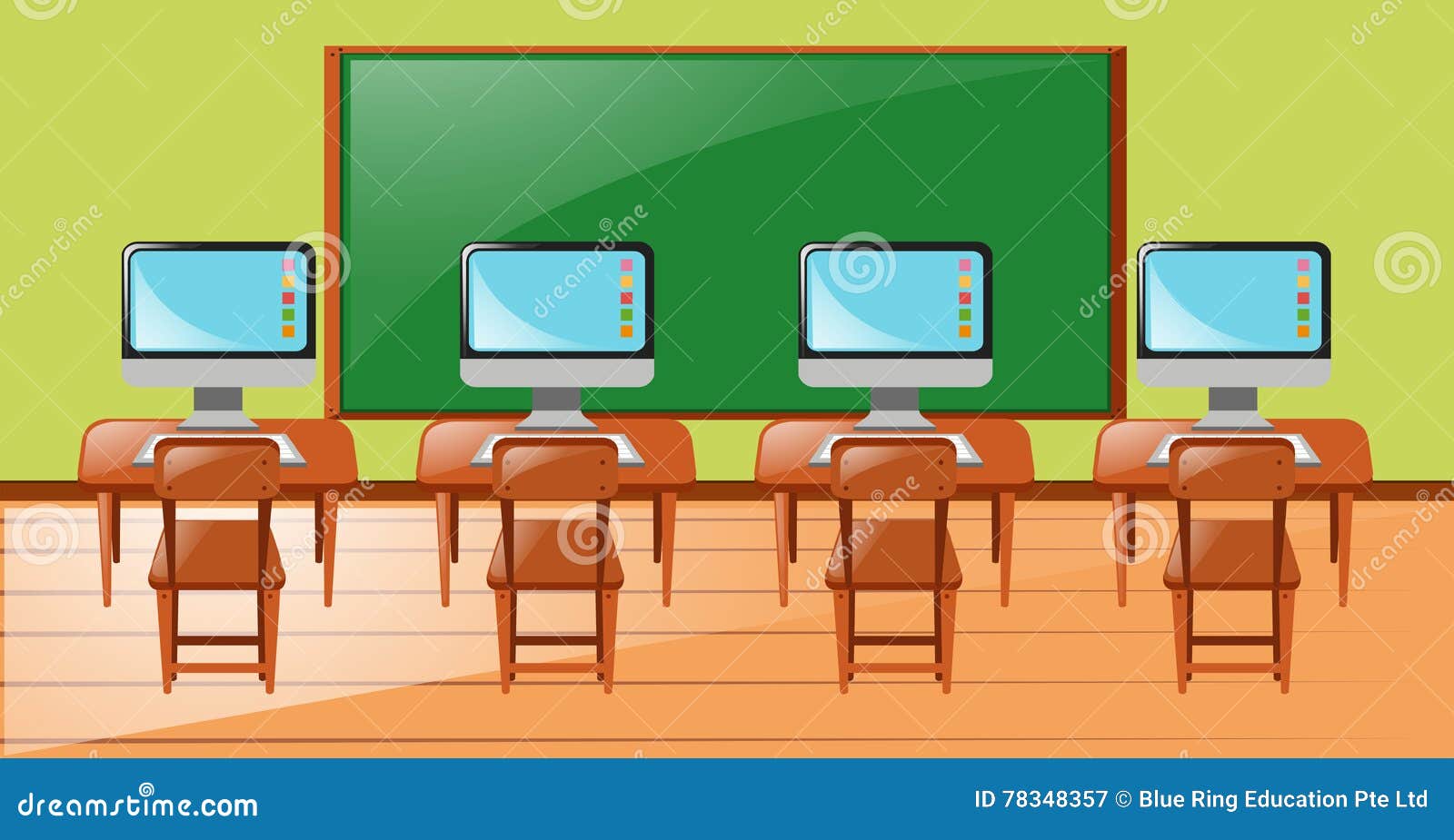 Classroom with Four Computers on Desk Stock Vector - Illustration of ...