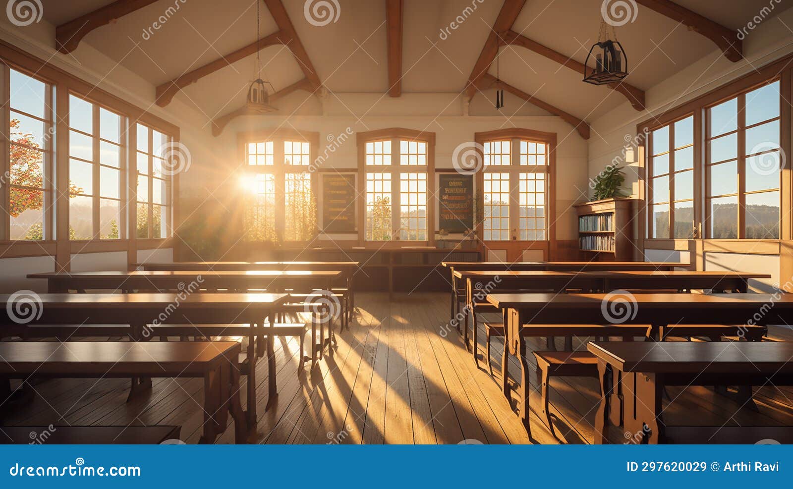 A Classroom at Golden Hour, with the Sunlight Streaming through Windows ...