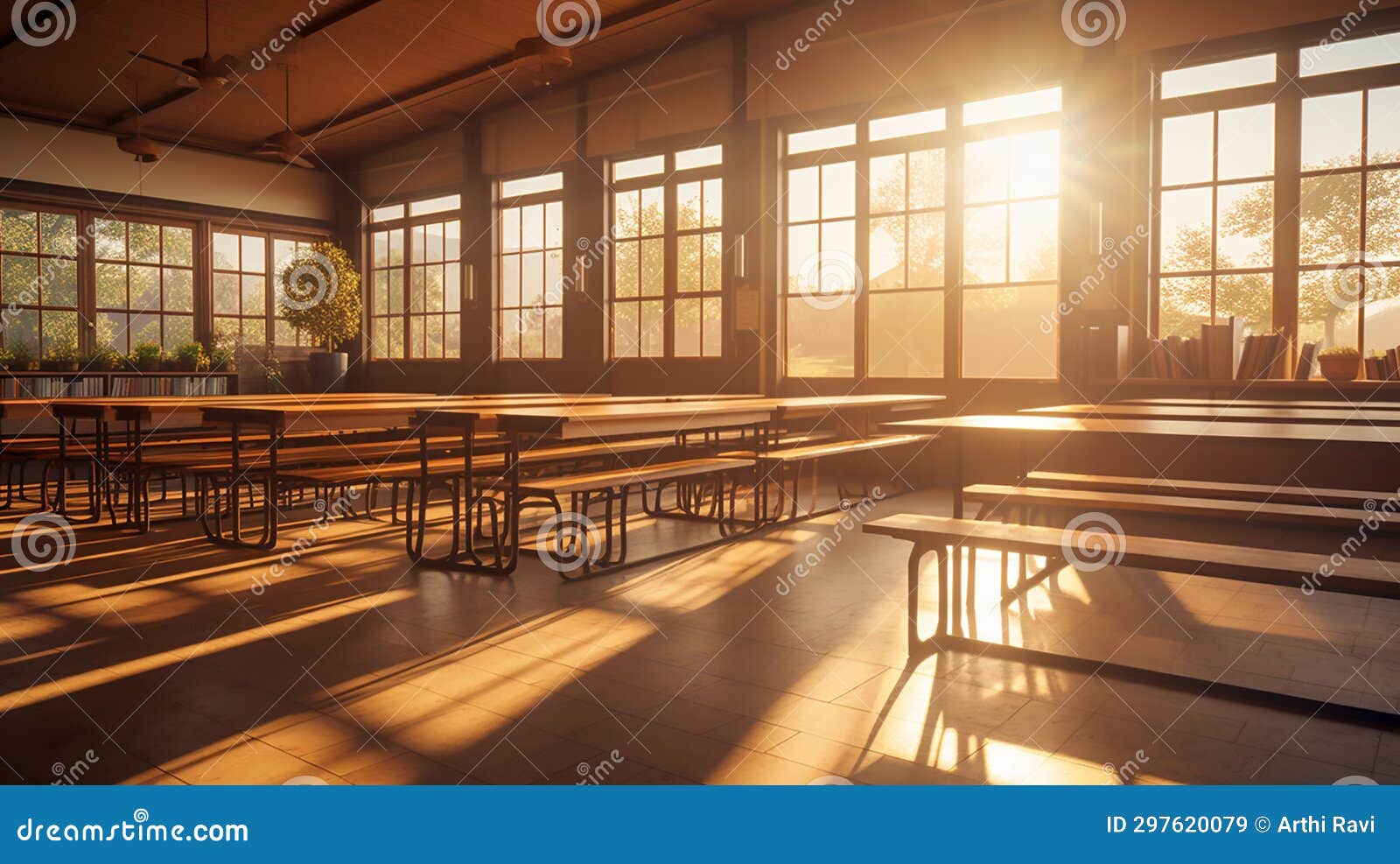 A Classroom at Golden Hour, with the Sunlight Streaming through Windows ...