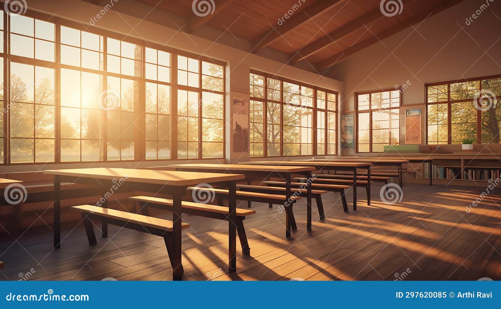 A Classroom At Golden Hour, With The Sunlight Streaming Through Windows ...
