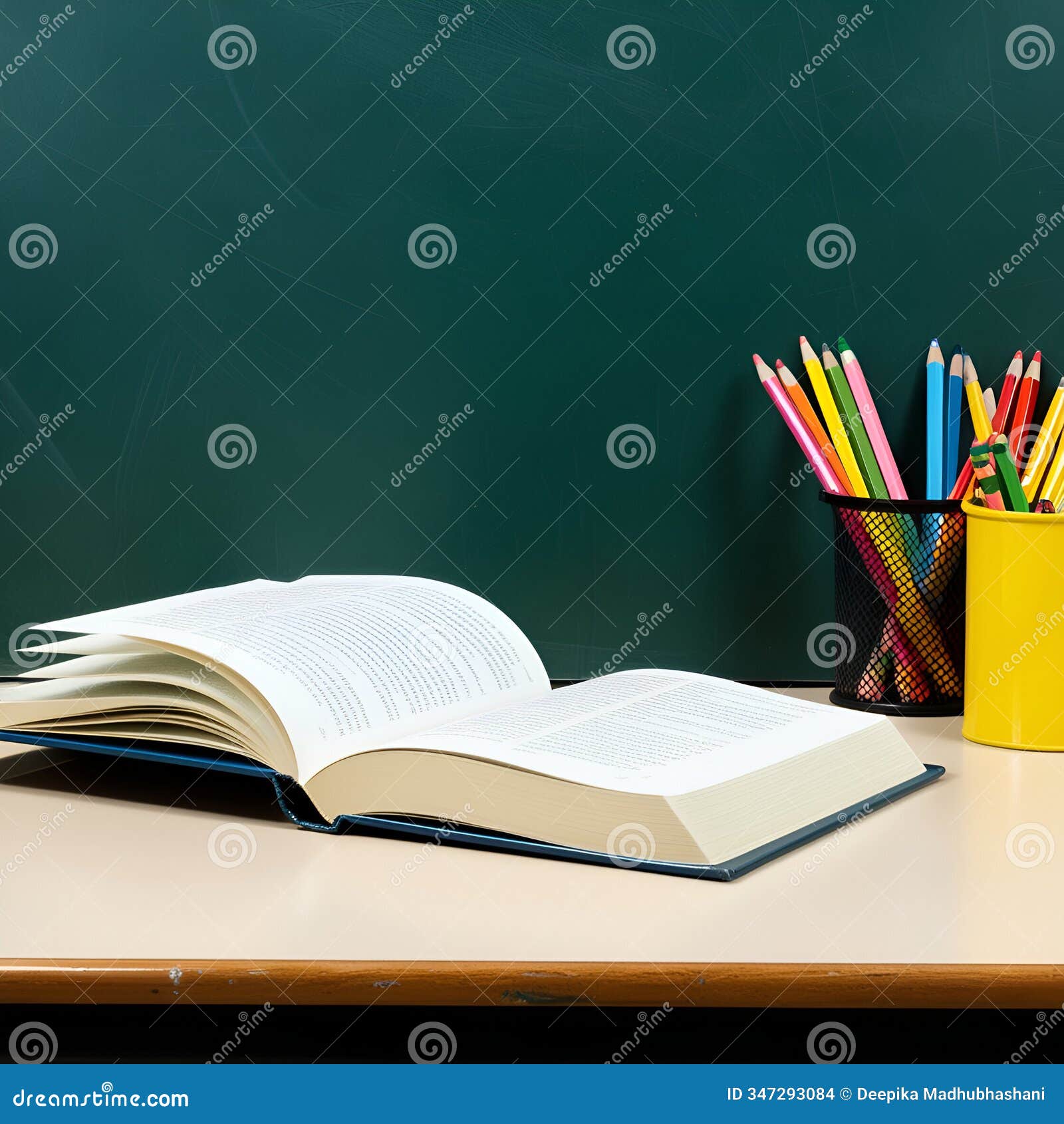 Classroom or School Building, Book and Pencil on Table with Classroom ...
