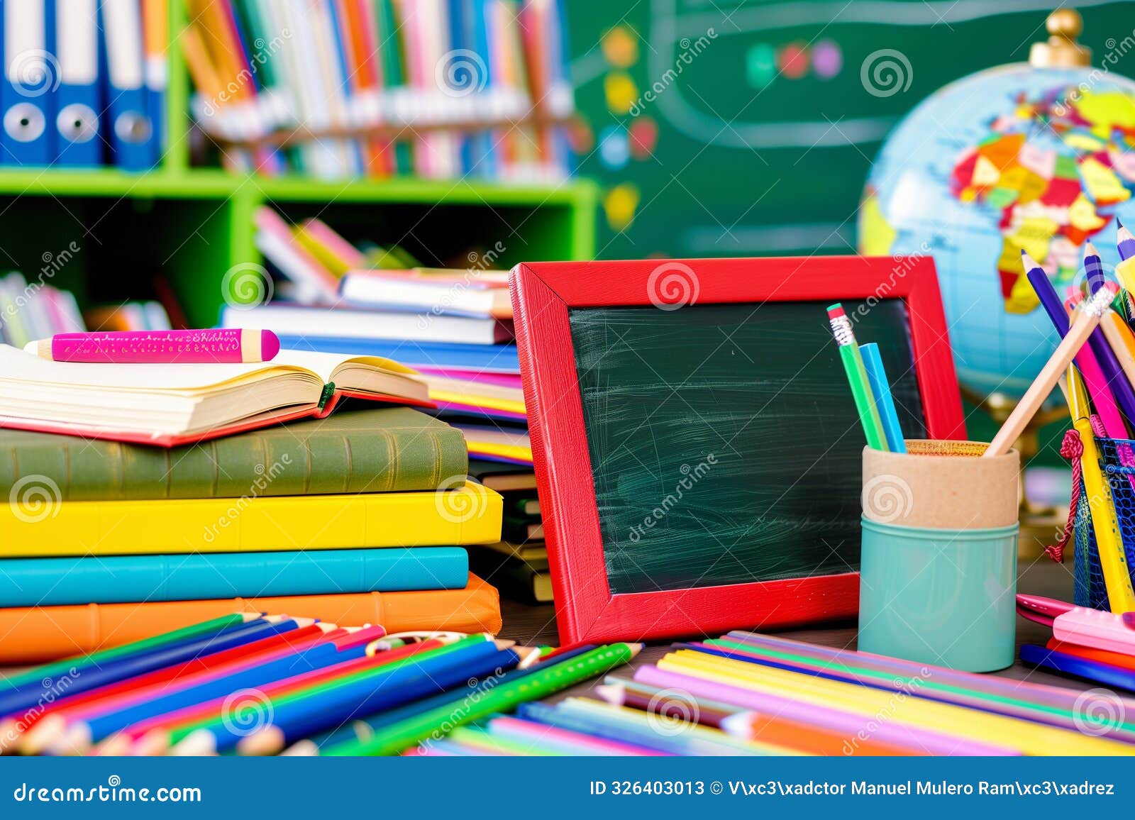 A Classroom with a Green Chalkboard and a Stack of Books Stock Image ...