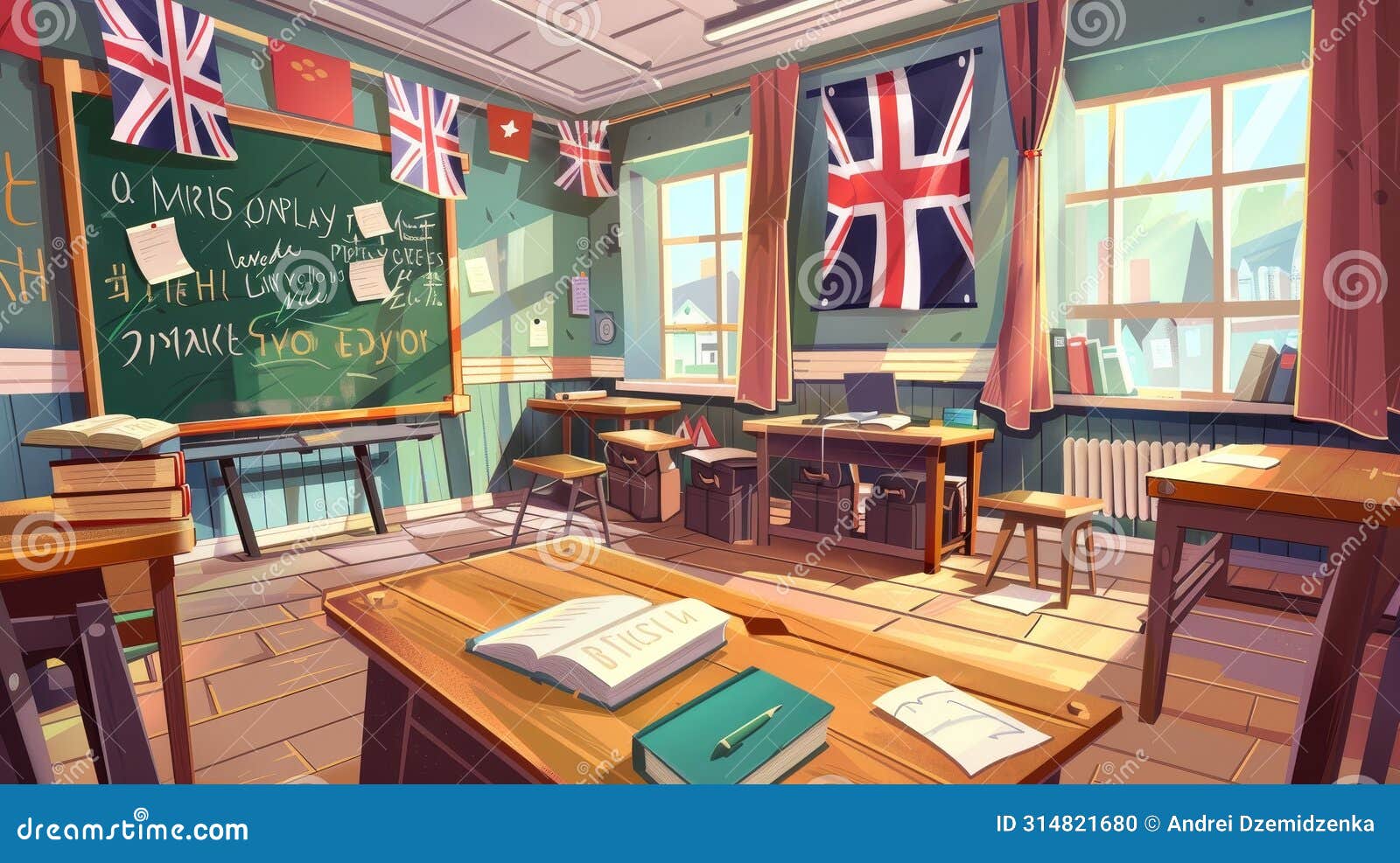 Classroom Interior with Empty Blackboard with Irregular Verbs, Flags of ...