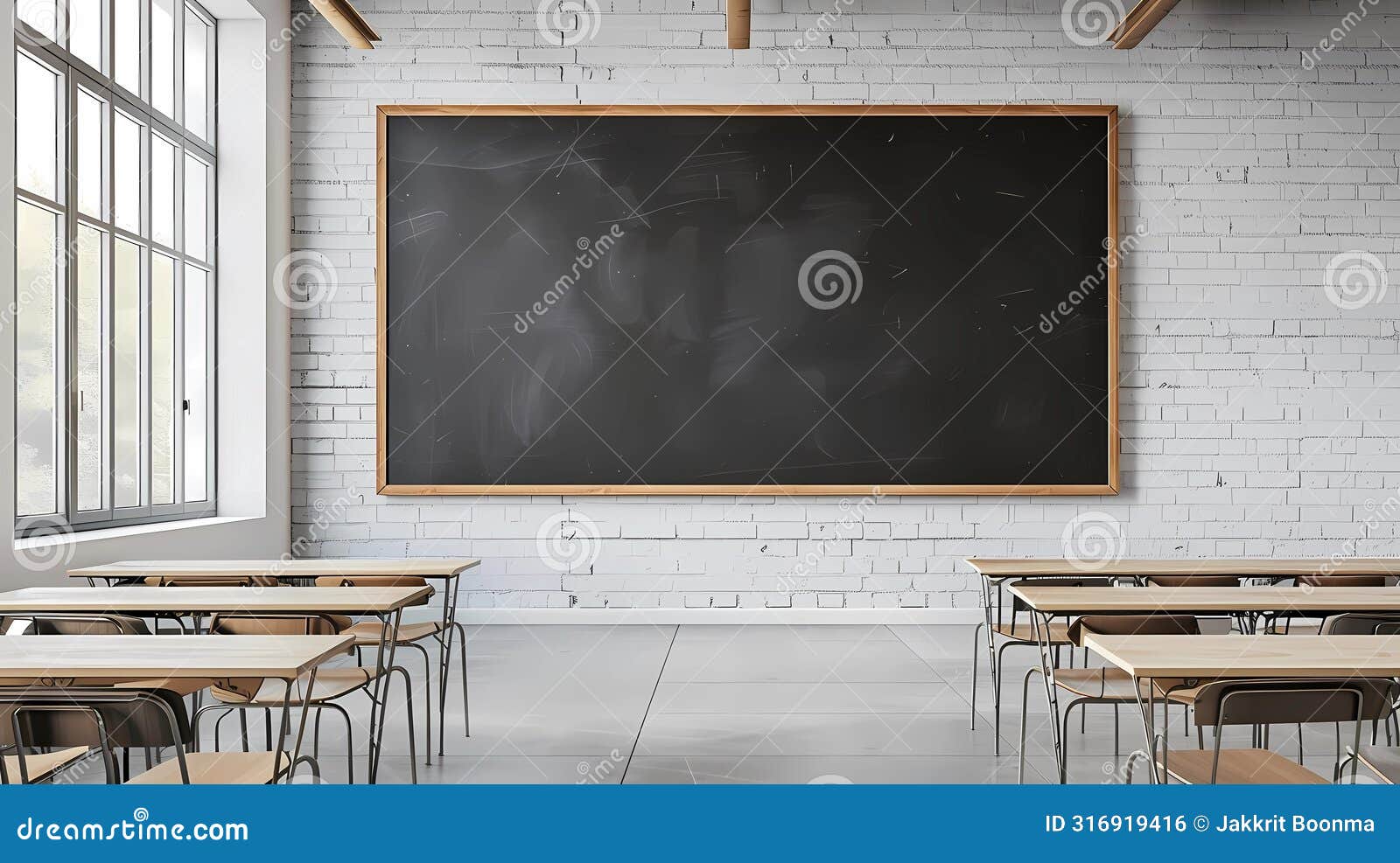 Classroom Interior with Empty Chalkboard on Brick Wall, Mock Up ...