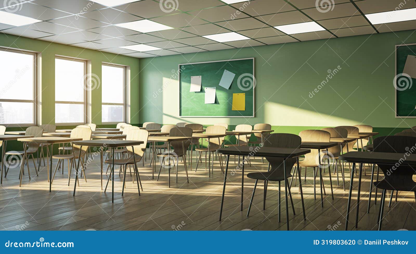 A Classroom Interior with Empty Desks and Chairs, a Green Chalkboard on ...