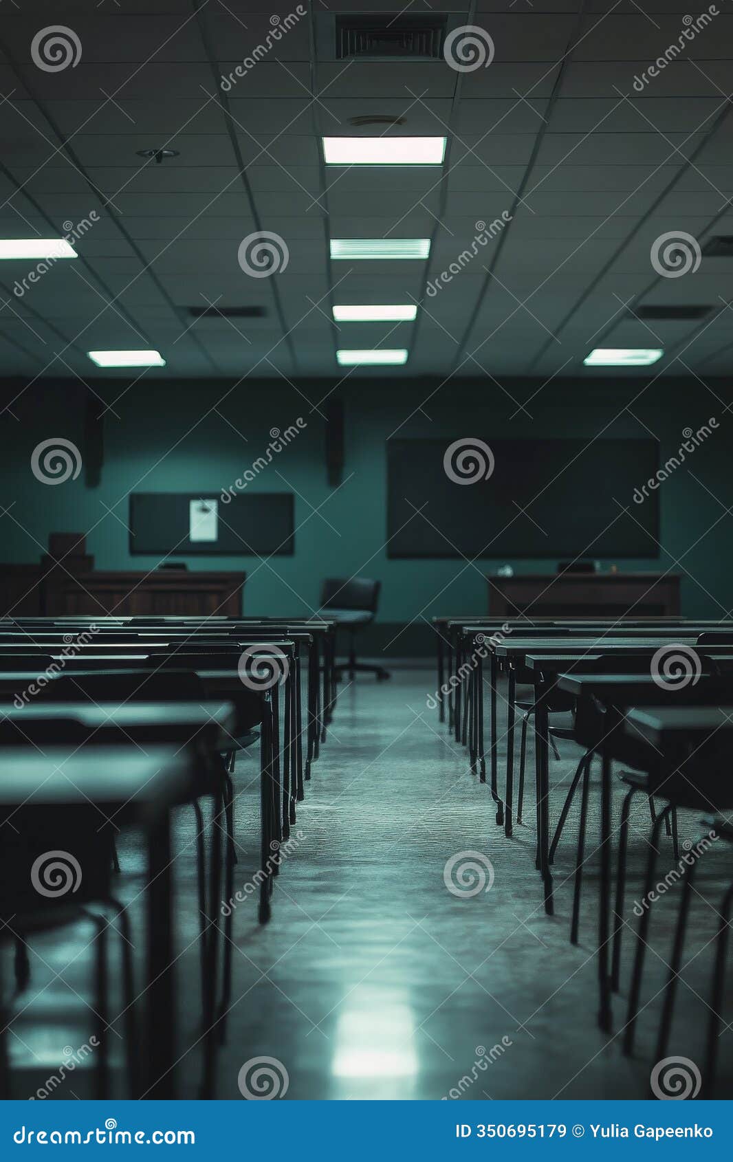 Classroom Interior with Empty Desks and Dim Lighting during Evening ...