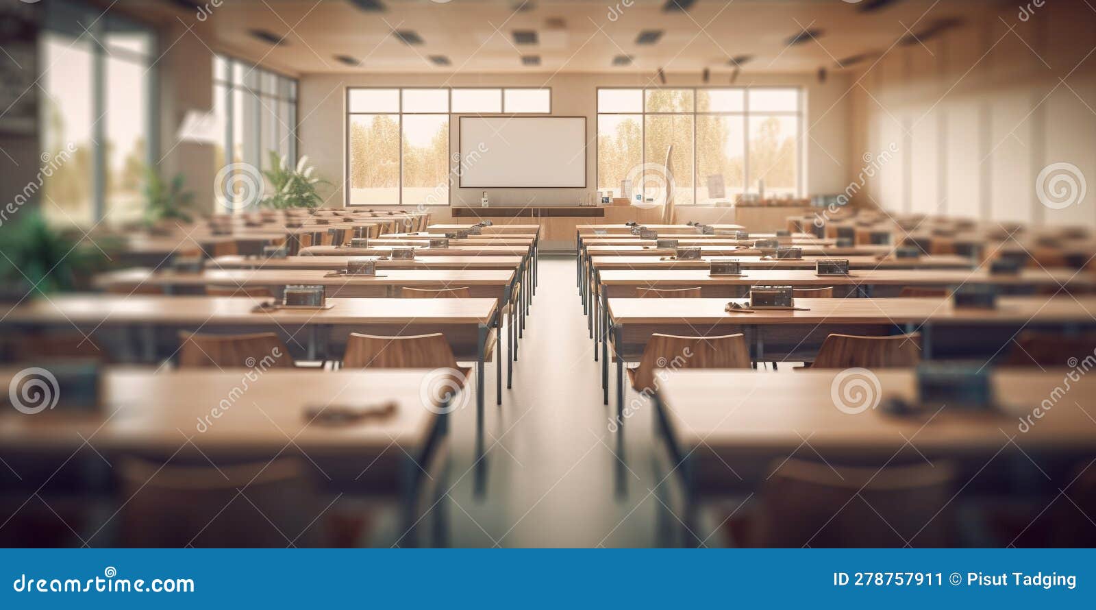 Empty Classroom with Rows of Chairs and Blank Whiteboard on the Wall ...