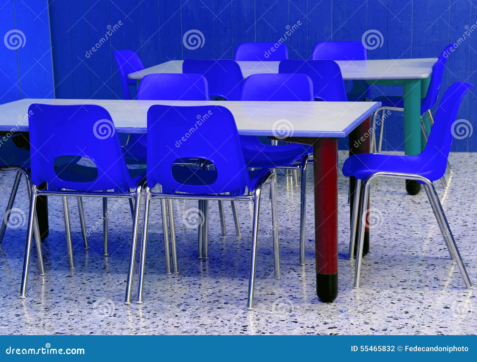 Classroom of a Kindergarten with Blue Chairs Stock Photo - Image of ...