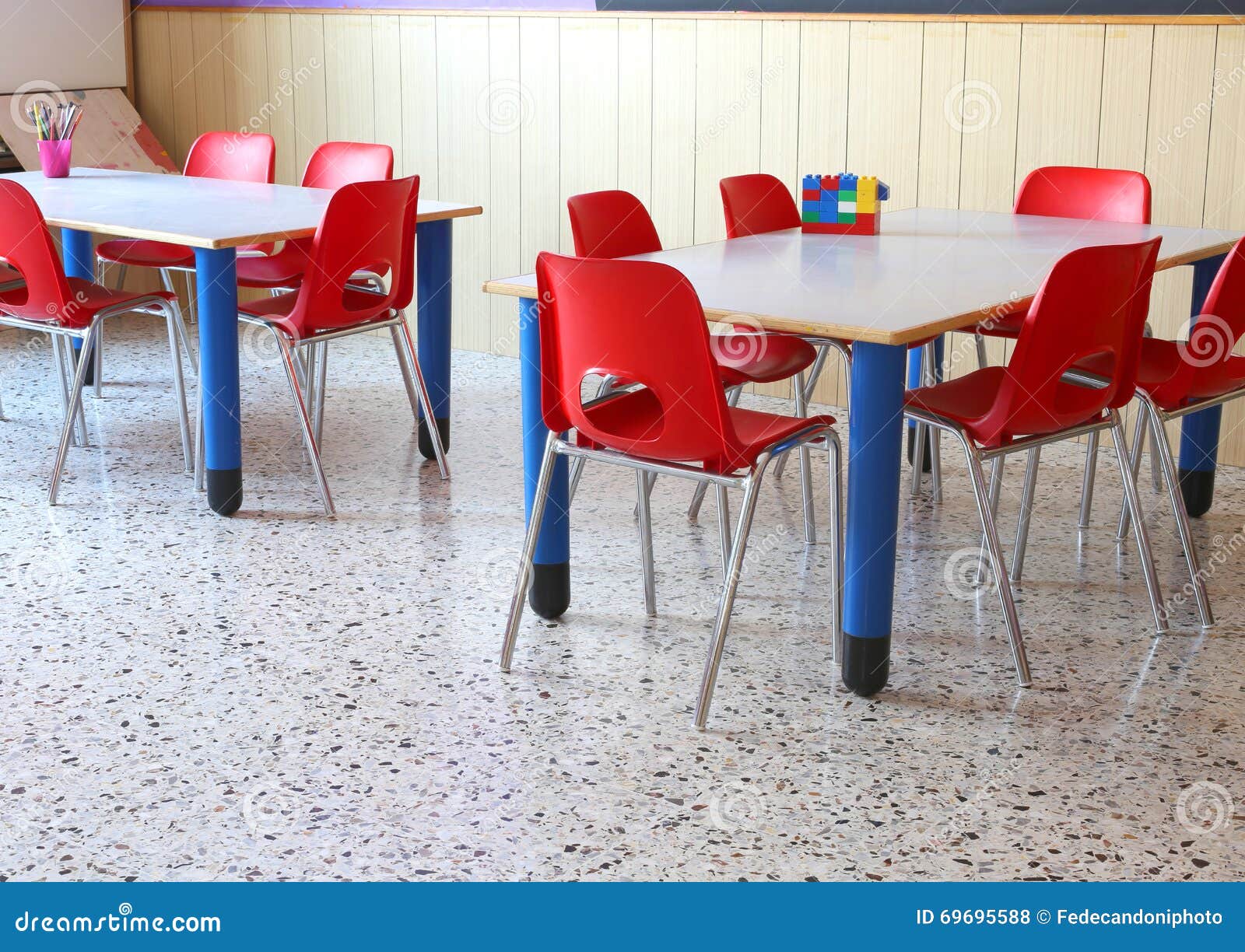 Classroom of a Kindergarten with Red Chairs and Small School Tab Stock ...