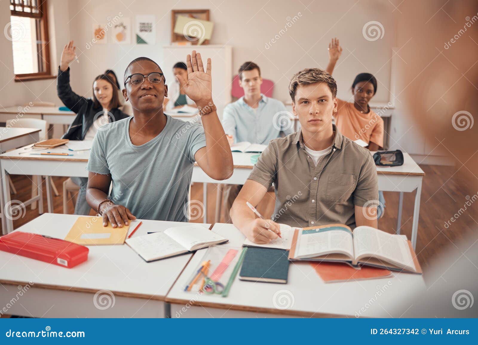 Classroom, Knowledge Question and Students Hands with Exam Learning ...