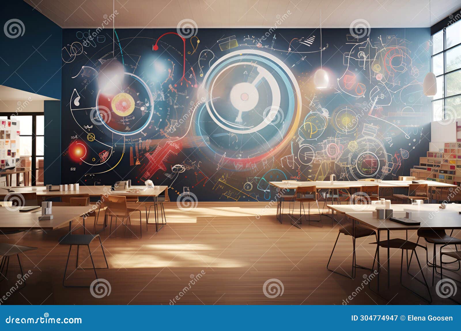 Classroom with Large Blackboard with Physics Elements Education in ...