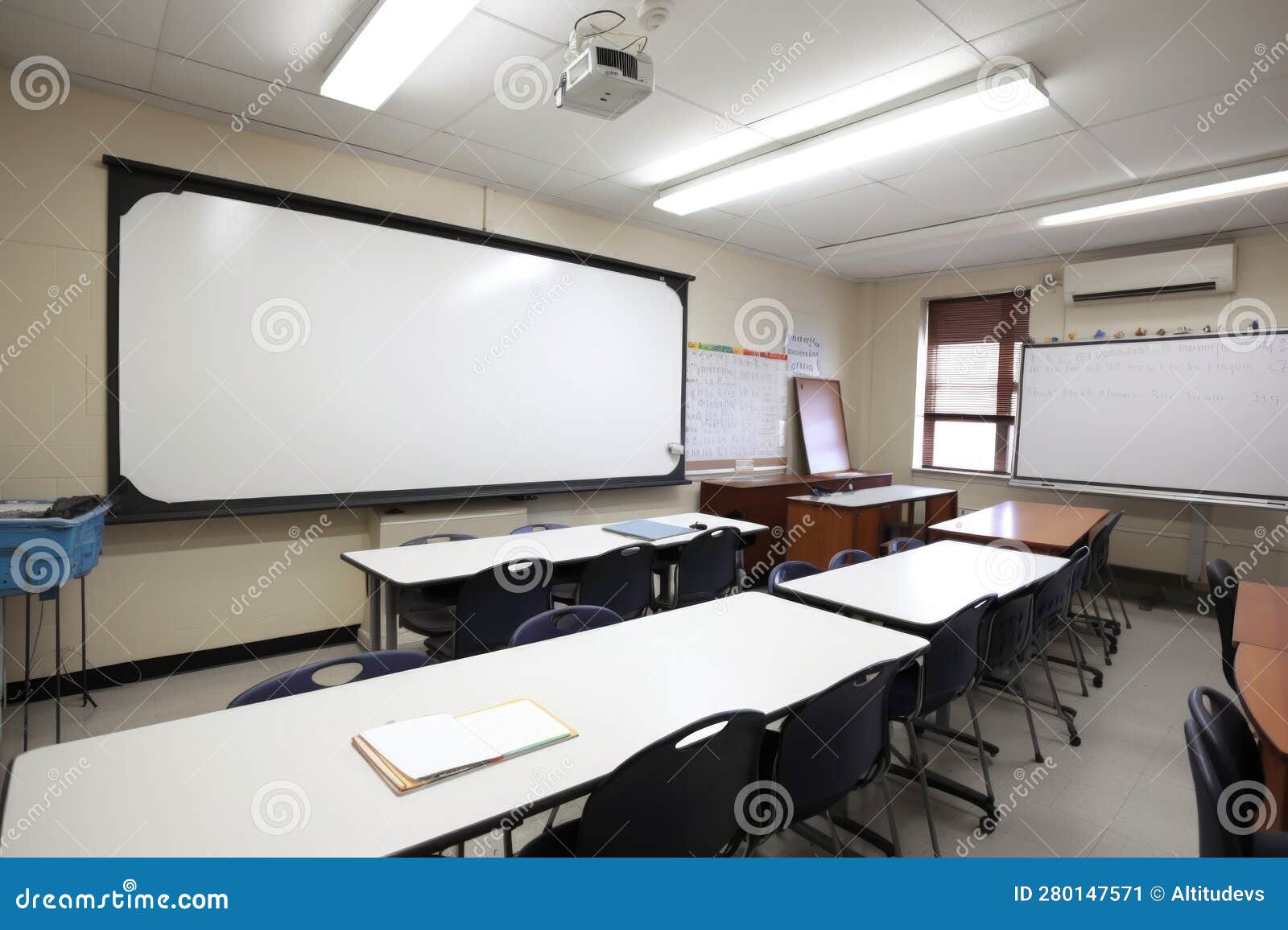 Classroom with Large Whiteboard and Markers, Ready for Lecture or ...