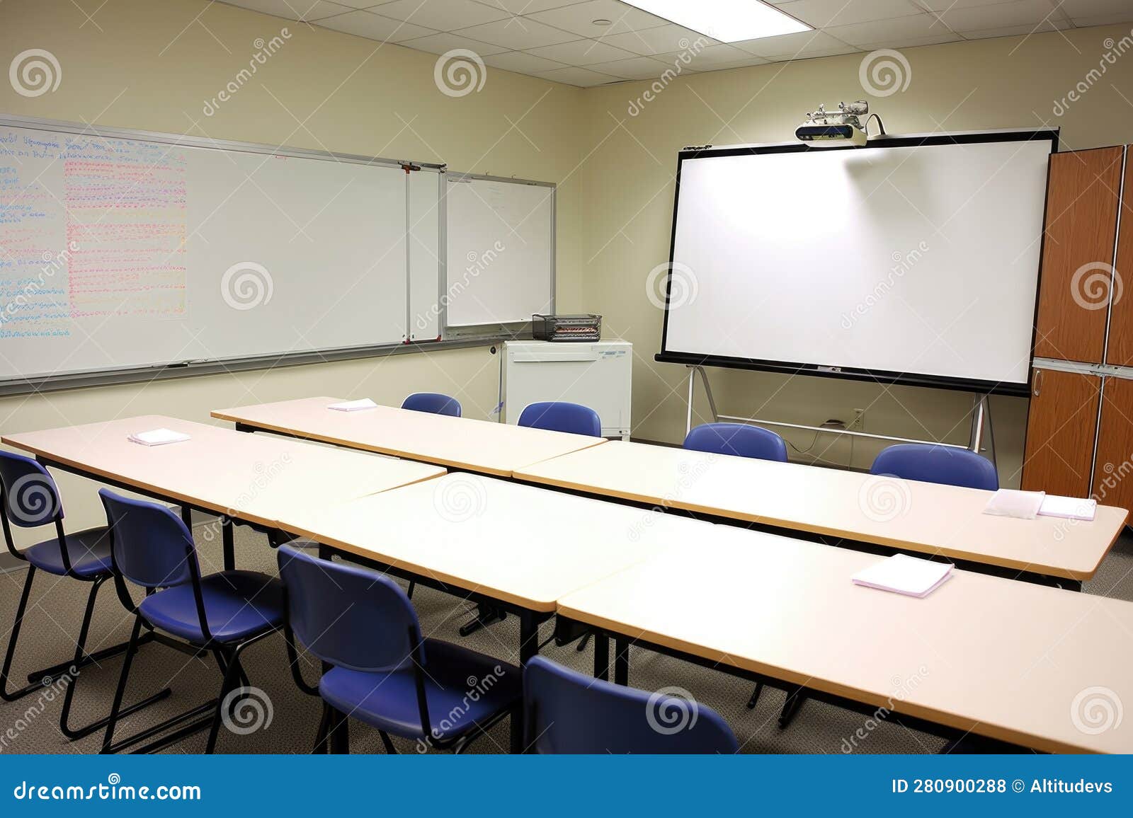 Classroom with Large Whiteboard and Markers, Ready for Lecture or ...
