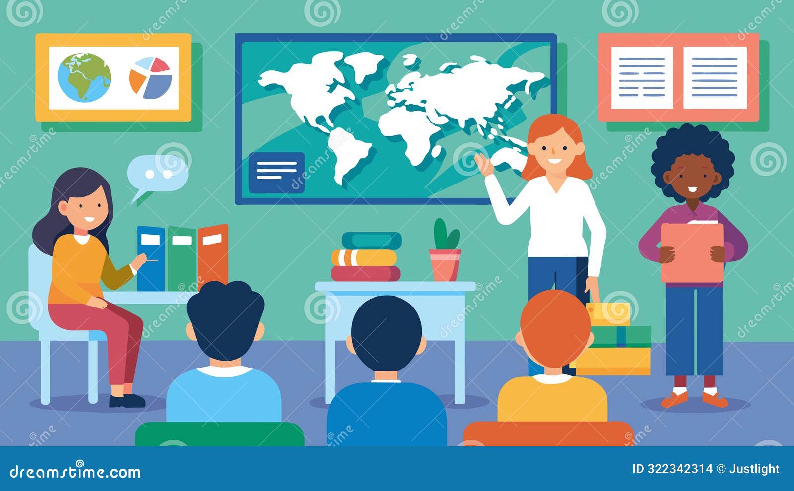 A Classroom with a Large World Map and Posters Depicting Different ...