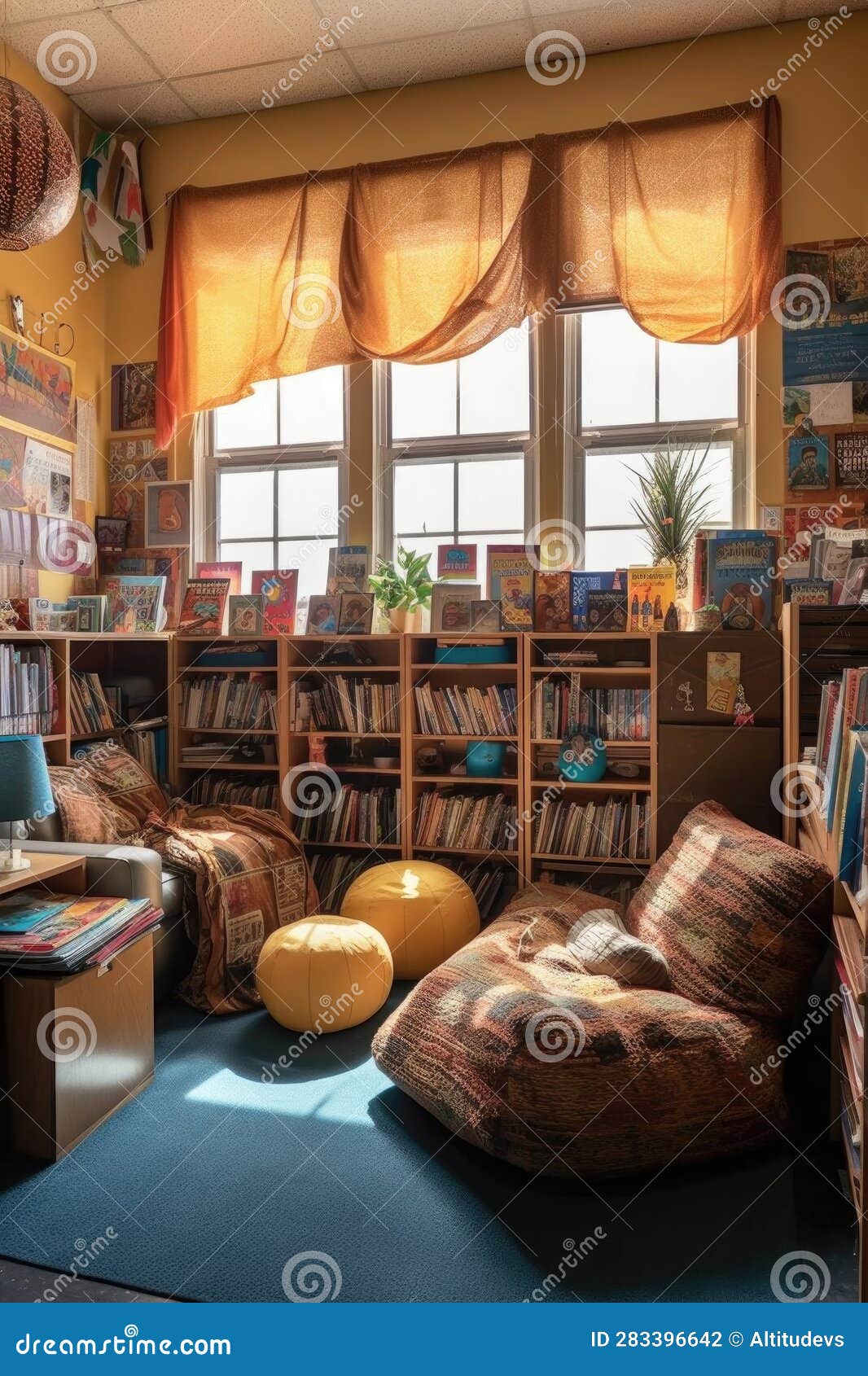 Classroom Library with Diverse Books and Comfy Seating Stock ...