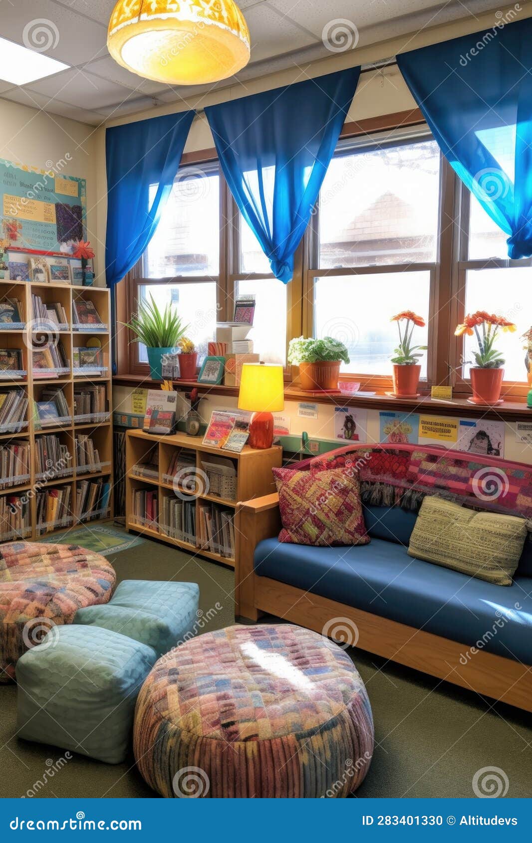 Classroom Library with Diverse Books and Comfy Seating Stock ...