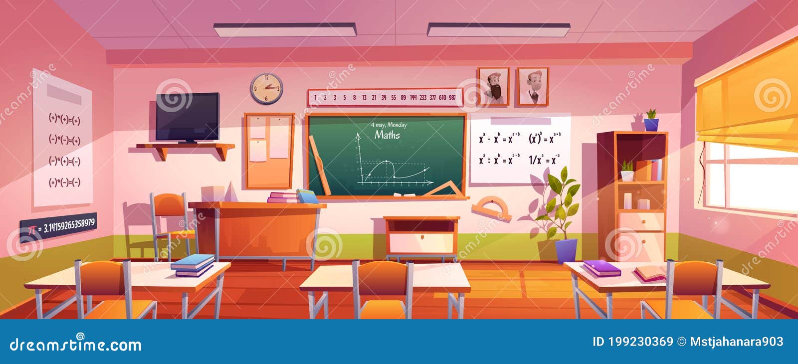 Mathematics Classroom And Kids Behind The Desks Set Of Illustrations ...