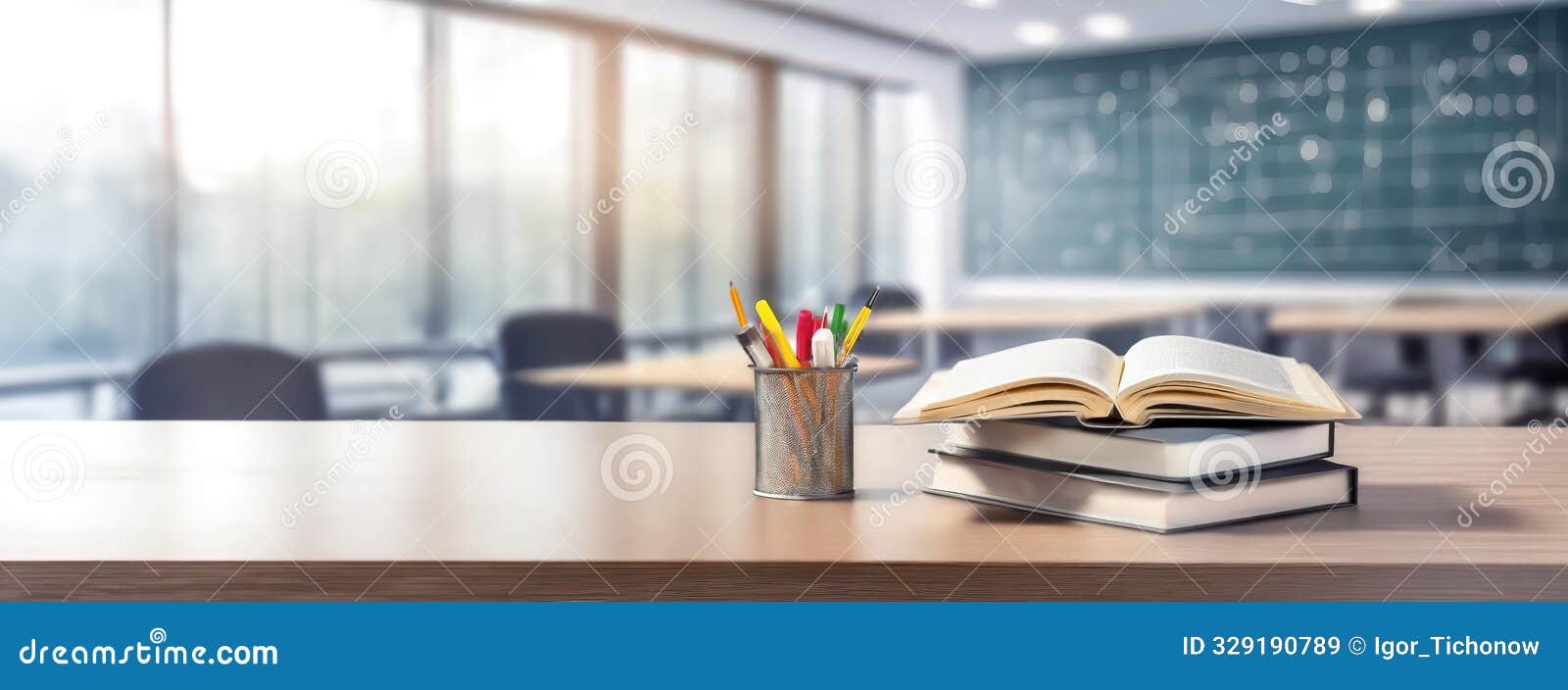 A Classroom with an Open Book, Pencils in a Holder, and Desks Arranged ...