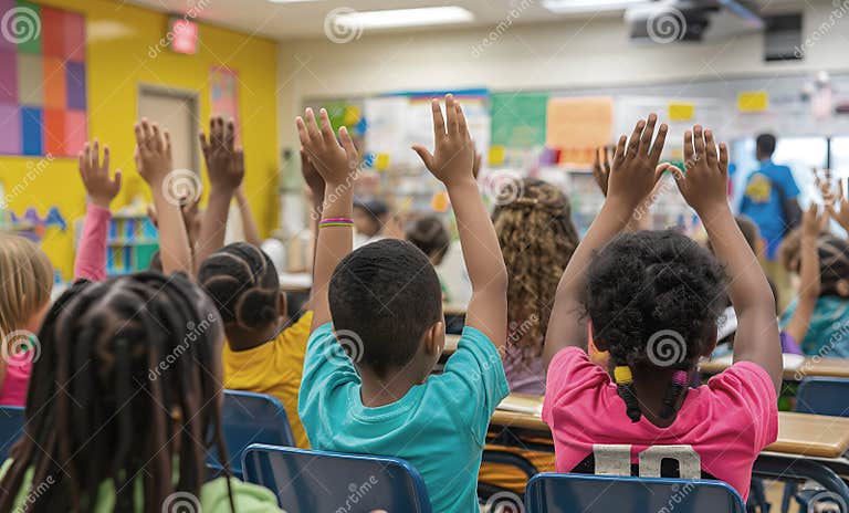 Classroom Participation with Students Raising Hands, Seen from the Back ...
