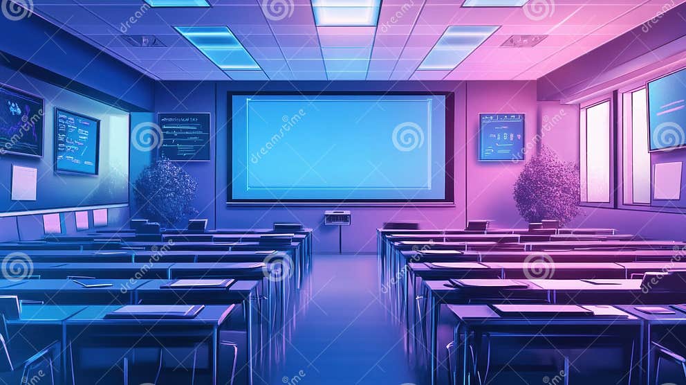 A Classroom with a Projection Screen and Desks Stock Illustration ...