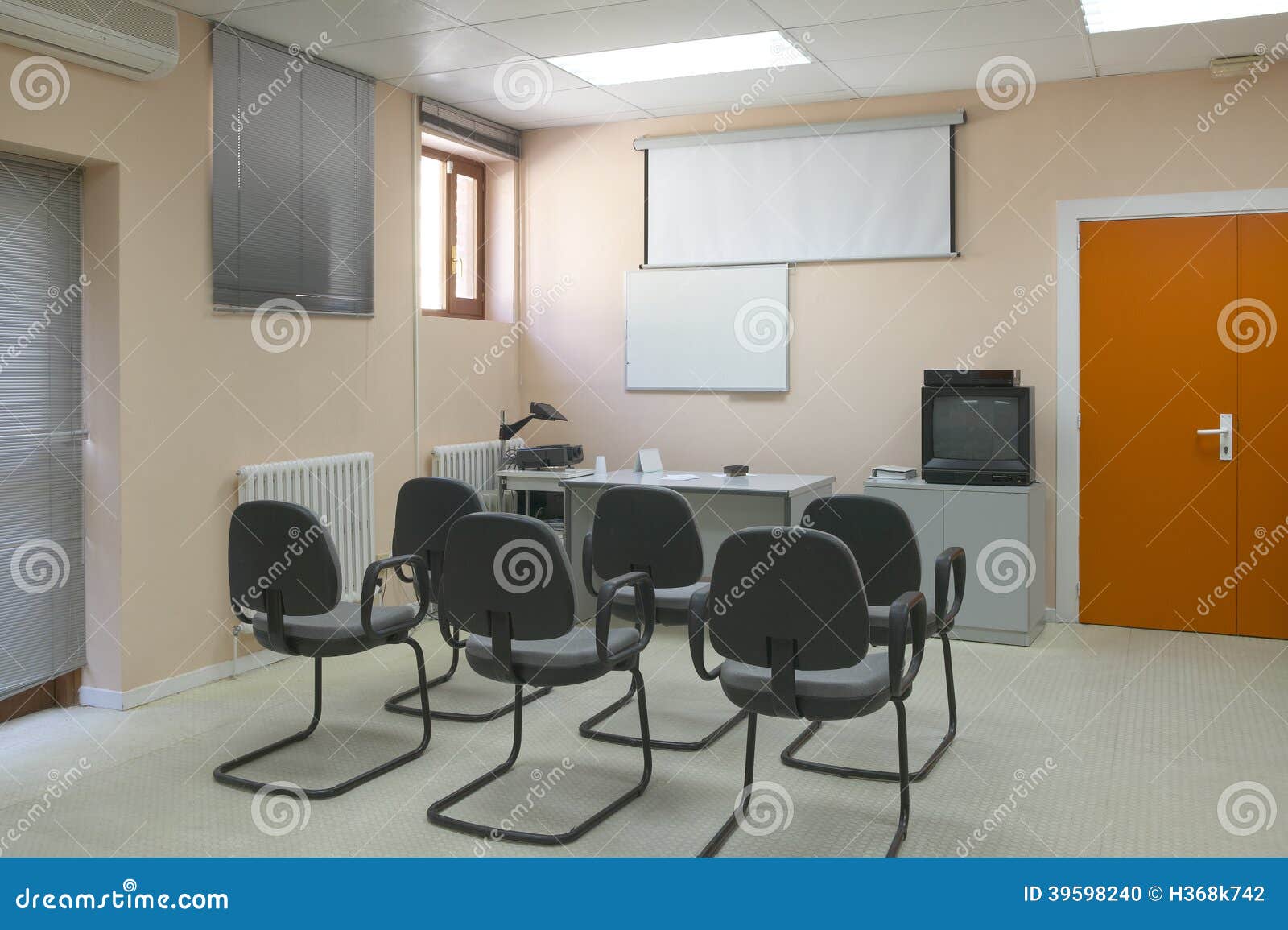 Classroom with Projector, Screen and Board. Stock Photo - Image of desk ...