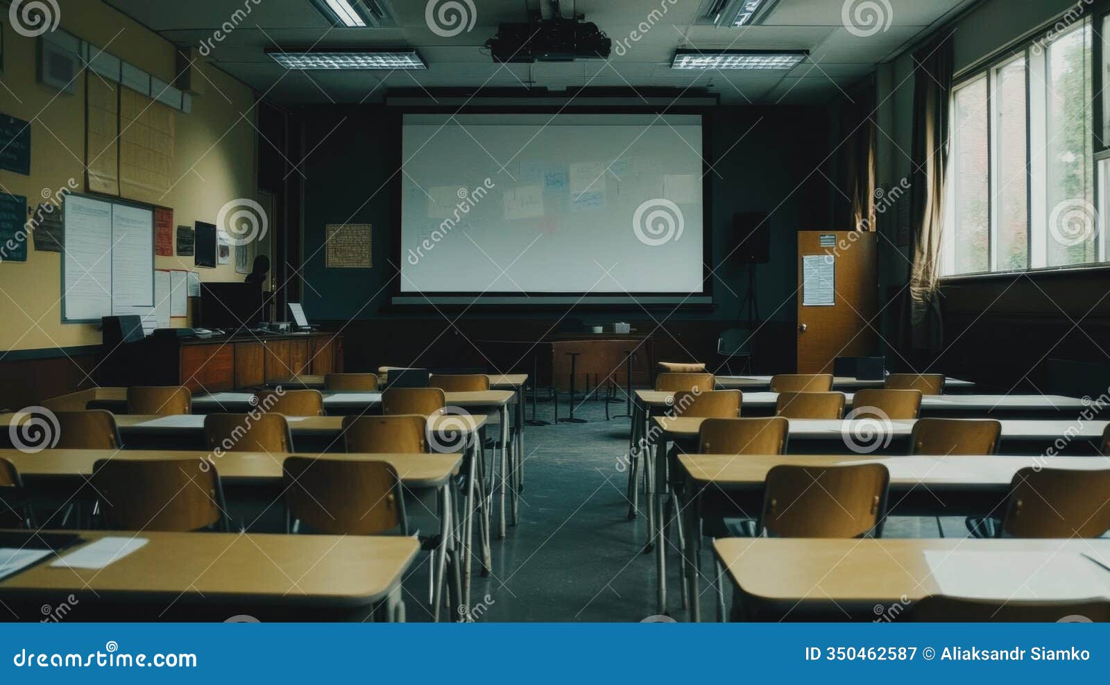 A Classroom with a Projector Screen and Desks Stock Illustration ...